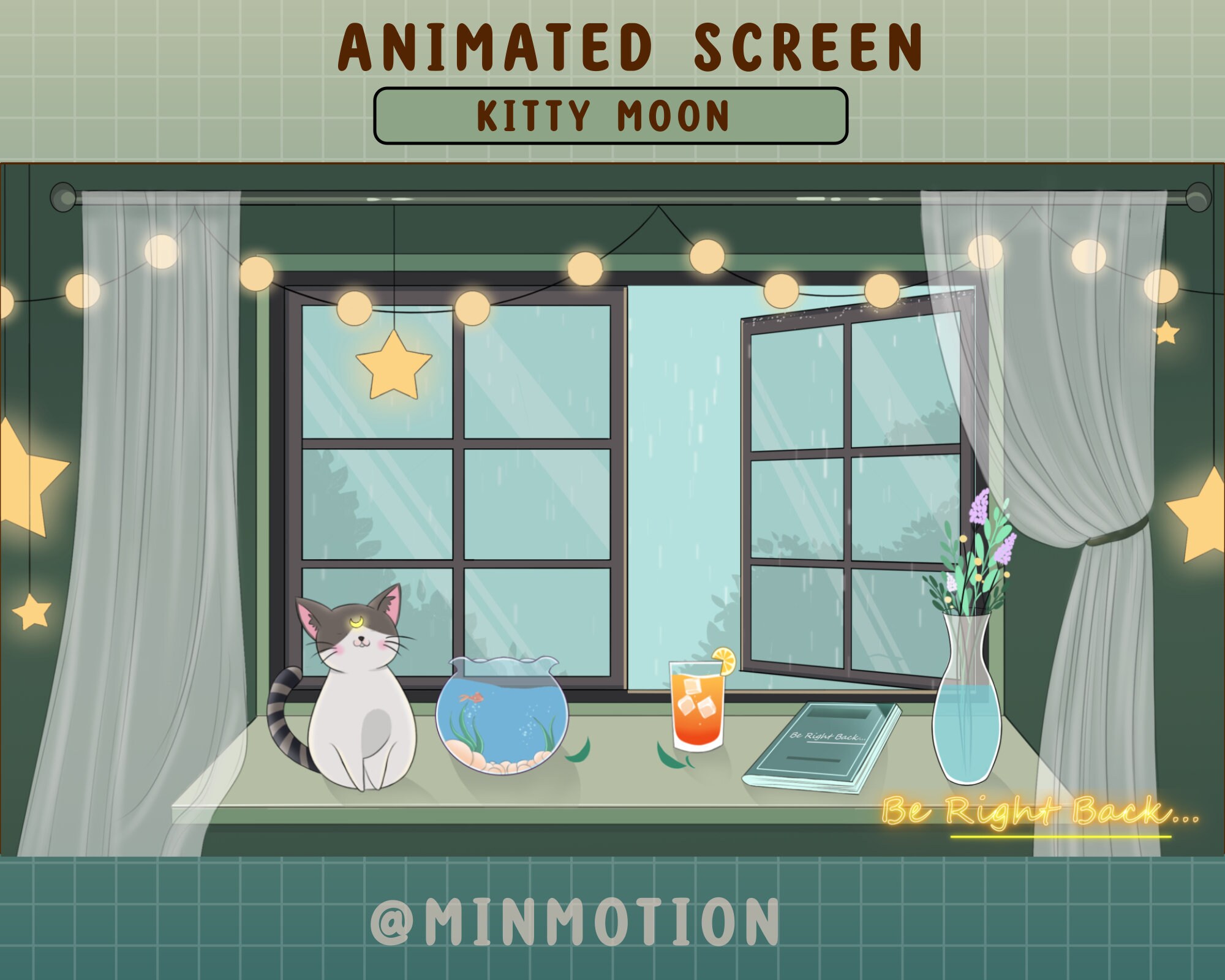 FULL ANIMATED Cute Kitty Moon in Cozy Room Heavy Rainy Day - Etsy
