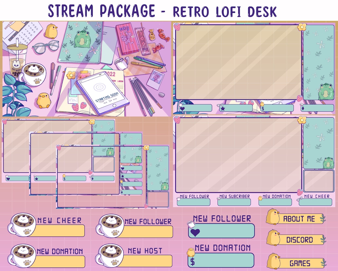 FULL ANIMATED Retro Lofi Desk Twitch Stream Package Overlay / Pastel ...