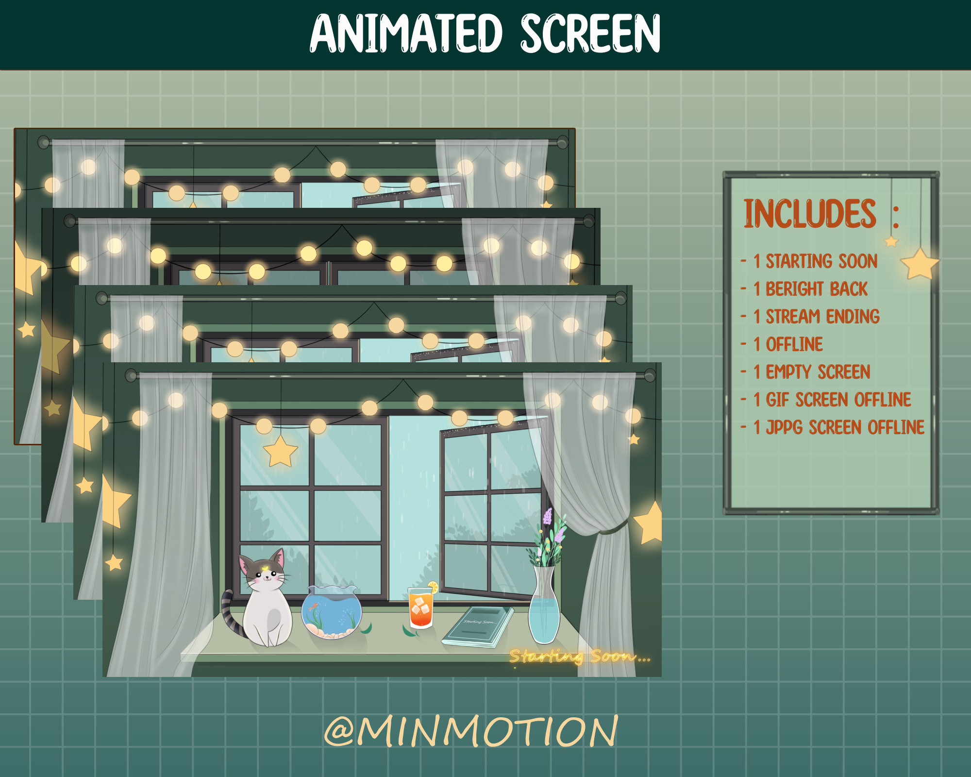 FULL ANIMATED Cute Kitty Moon in Cozy Room Heavy Rainy Day - Etsy