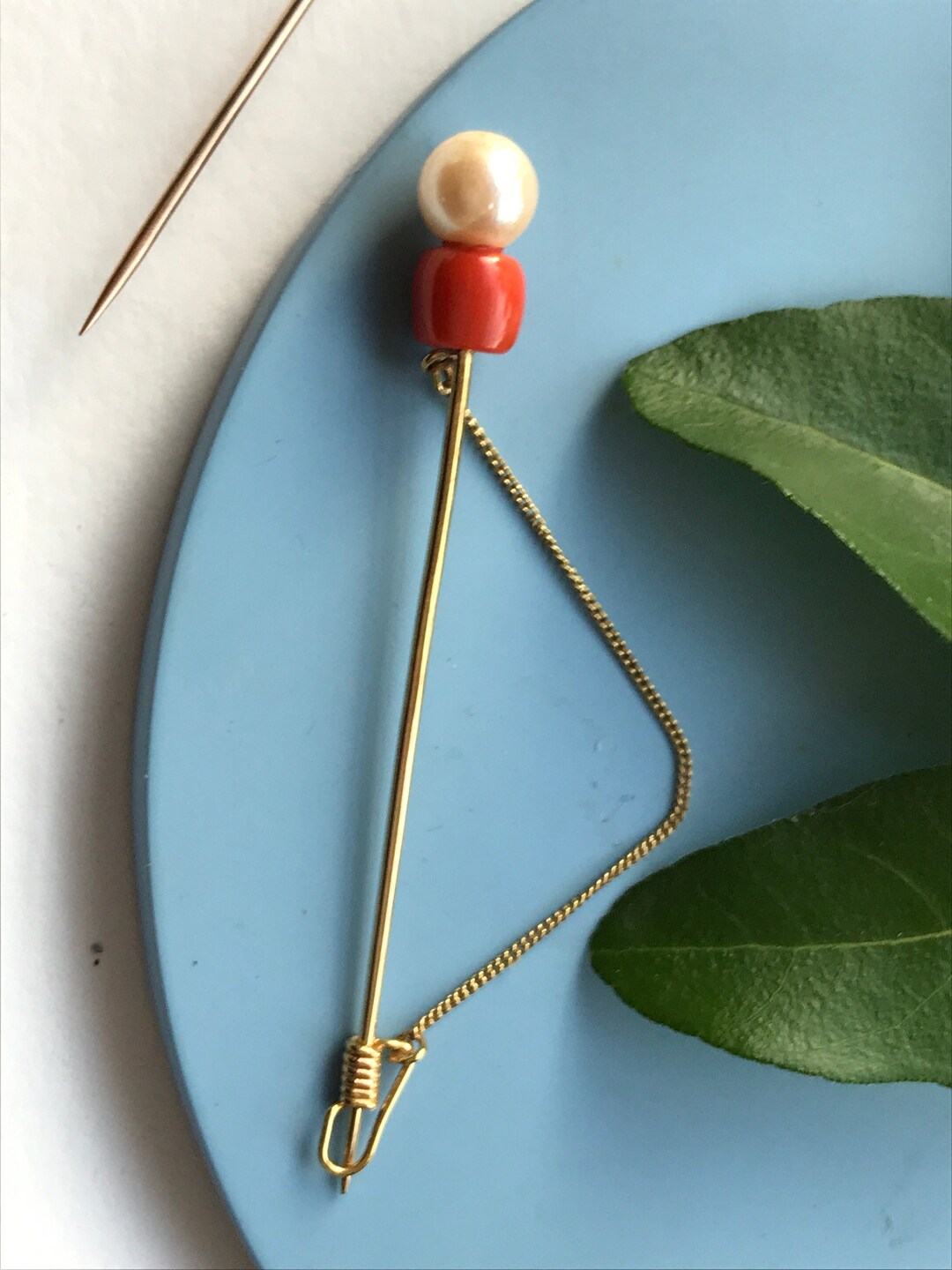 Vintage Italian 18k Solid Gold Pin Red Italian Coral White Pearl Stick ...