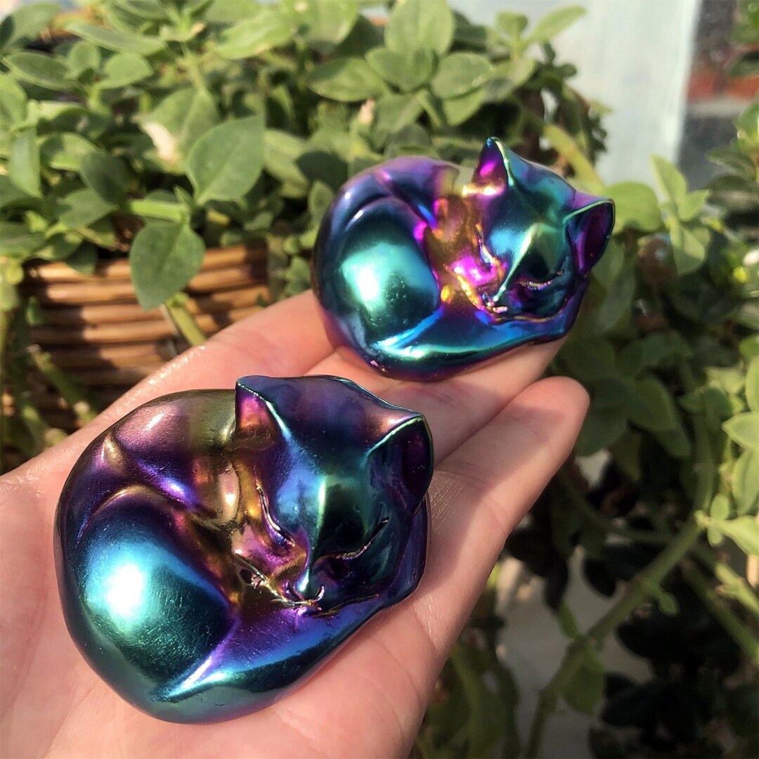 2'' Titanium Rainbow Sleeping Cat, Gemstone Sleeping Cat Figurine ...