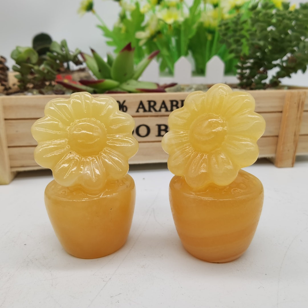 1PC Natural Yellow Calcite Sunflower,crystal Potted,crystal Carving ...