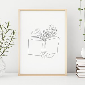 Book With Flowers Printable Line Art, Book Lovers One Line Art ...