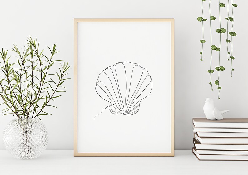 Printable Sea Shell One Line Art, One Line Drawing Sea Shell Wall Art ...