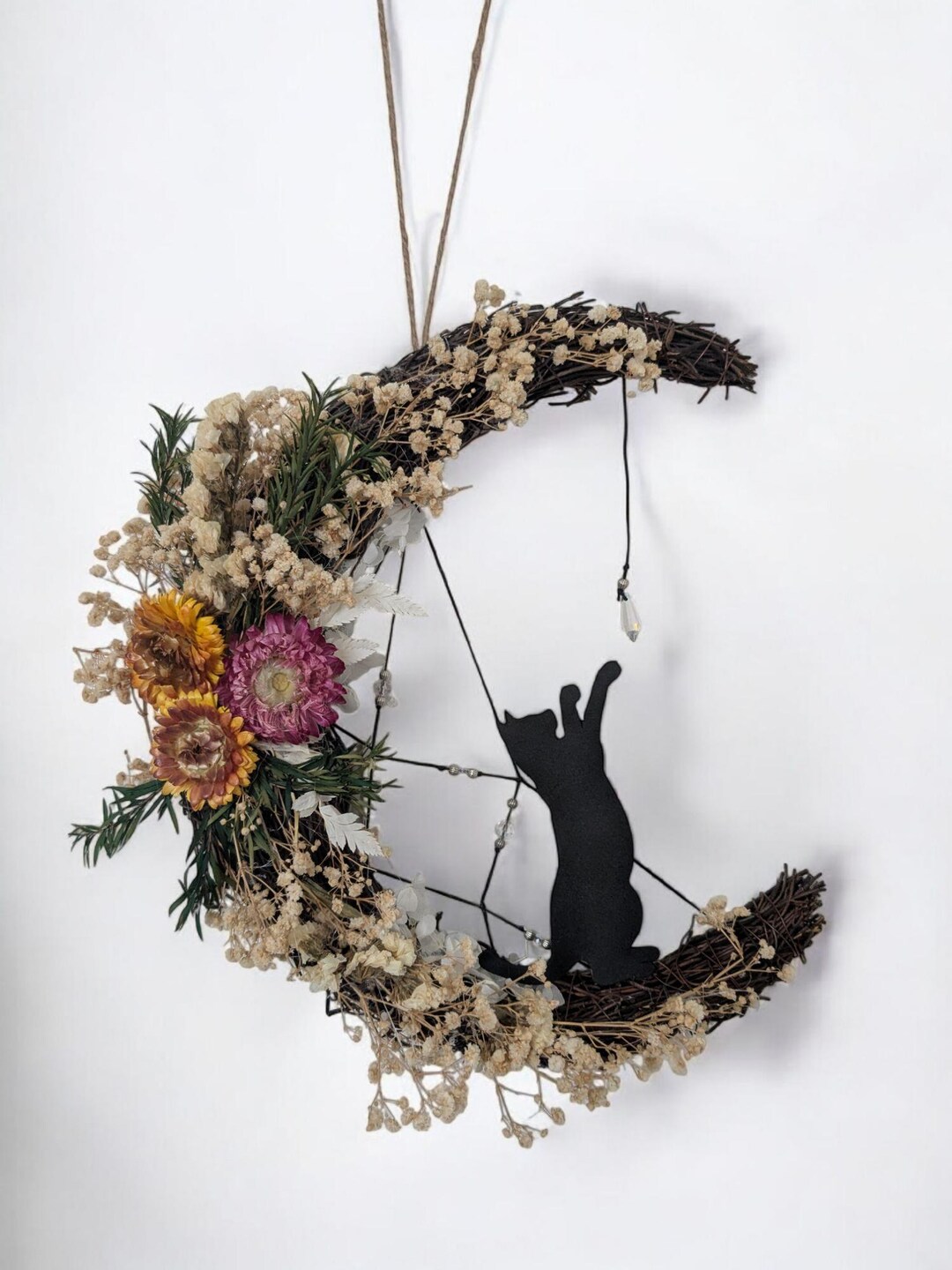Handmade Crescent Moon Wreath, Dried Flowers and Cat Silhouette, Litha ...