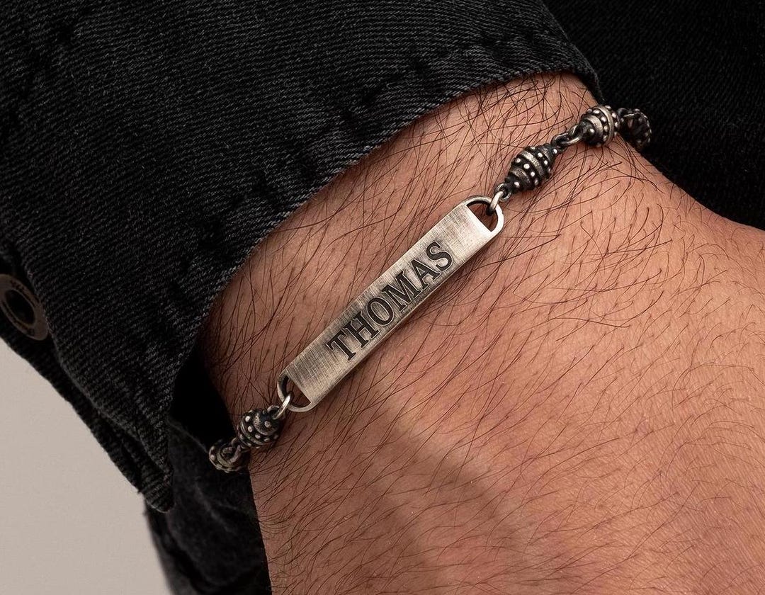 Sterling Silver Custom Name Bracelet - Engraved Mens ID Bracelet - Etsy