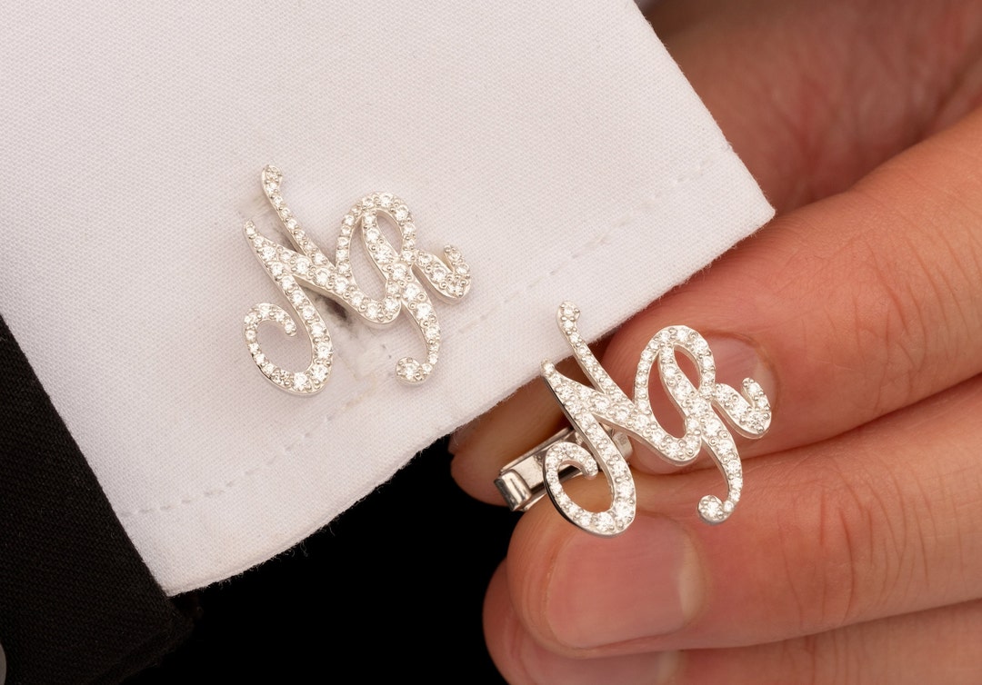 Personalized Initial Cufflinks: Sterling Silver Pave Diamond, Groomsmen ...