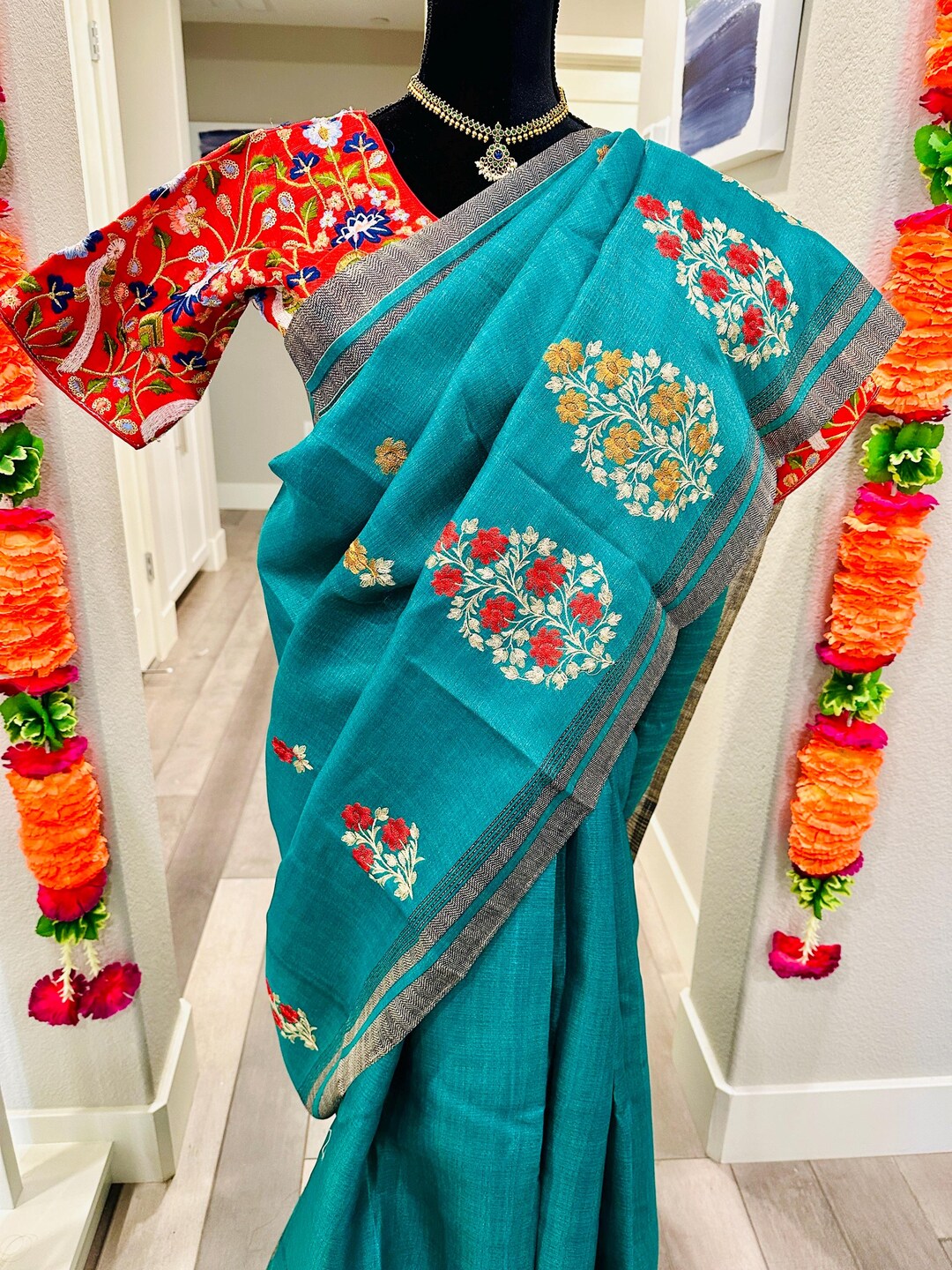 Tussar Mixed Silk Saree With Embroidery Work | Embroidered Tussar Silk ...