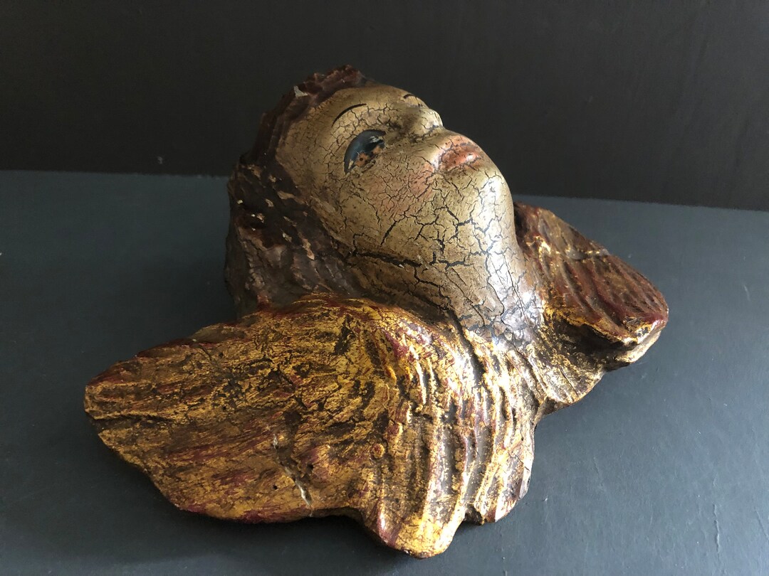 19th Century Hand Carved Wood Angel, Carved Cherub, Polychromed Cherub ...