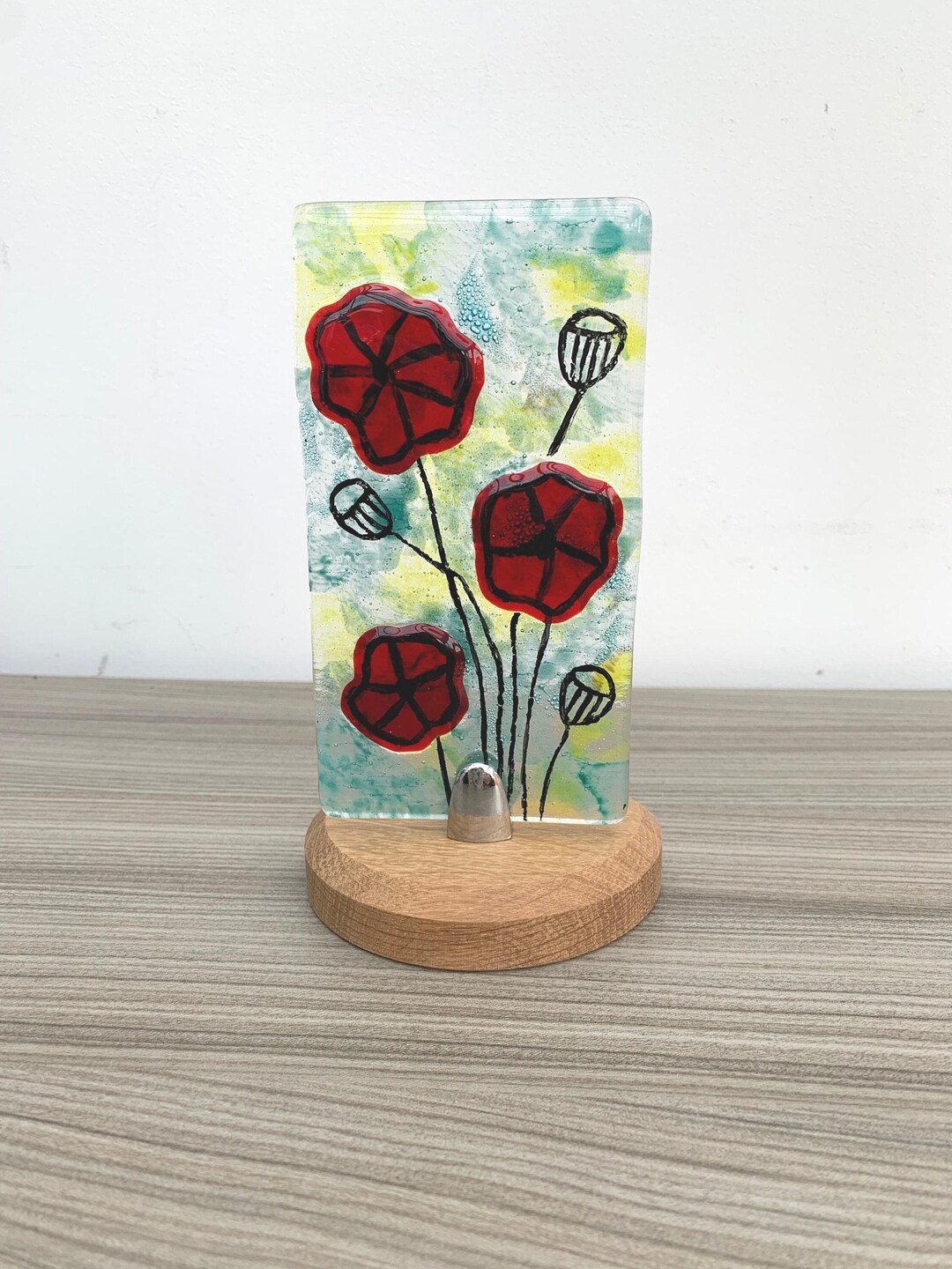 Poppy Fused Glass Artwork on Oak Display Stand - Etsy