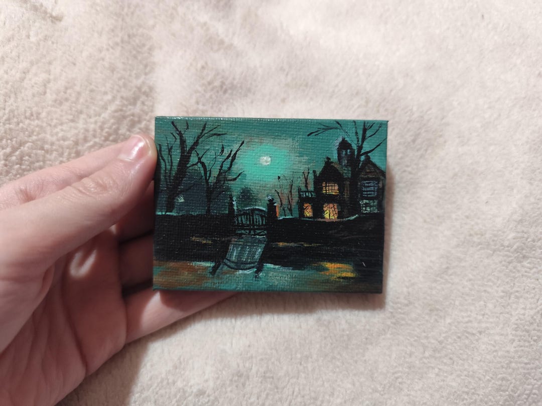Handmade MAGNET Painting on Canvas Nighttime Moonlight House With Warm ...