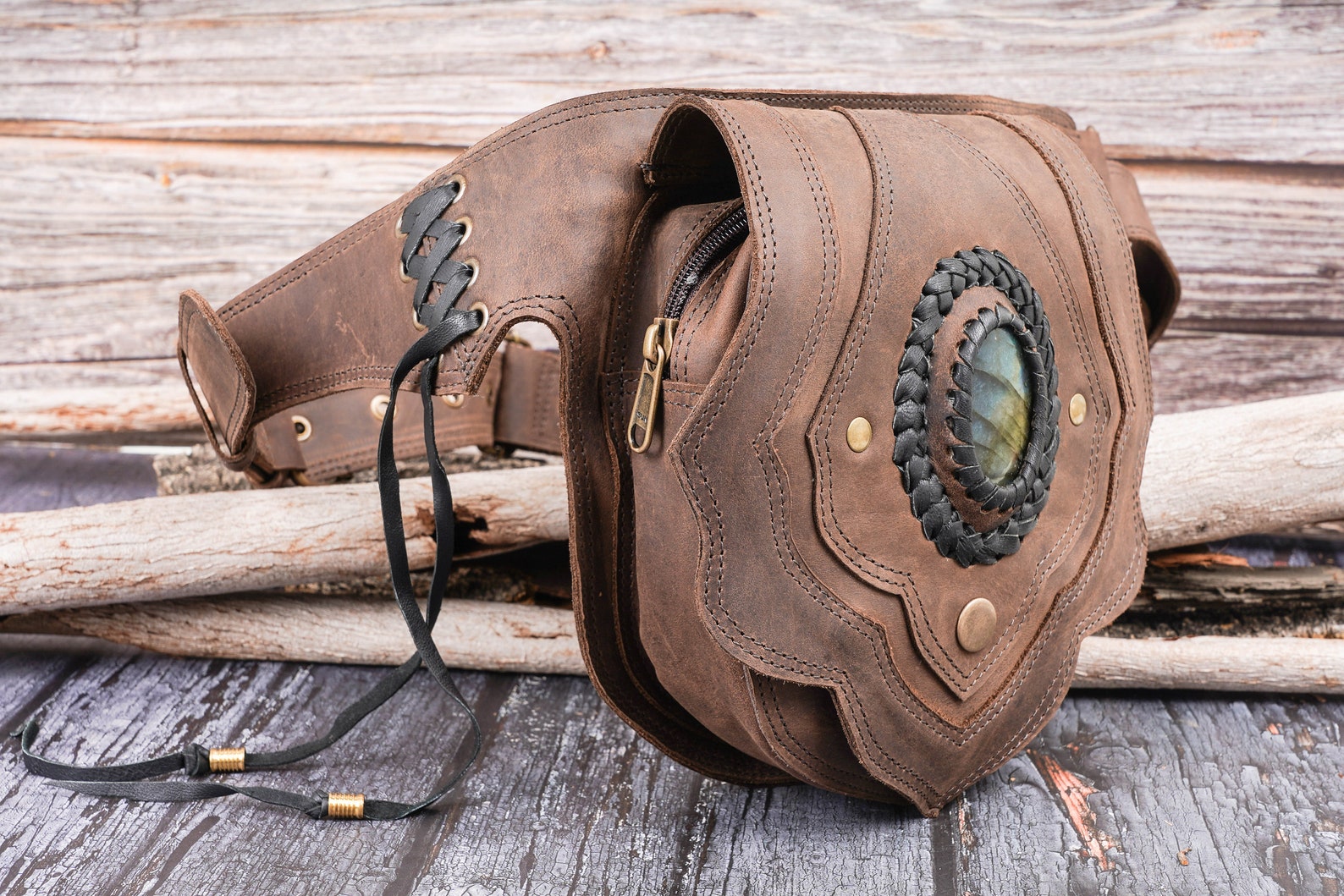 Brown Leather Single Side Belt Pouch With Real Gems Stone - Etsy