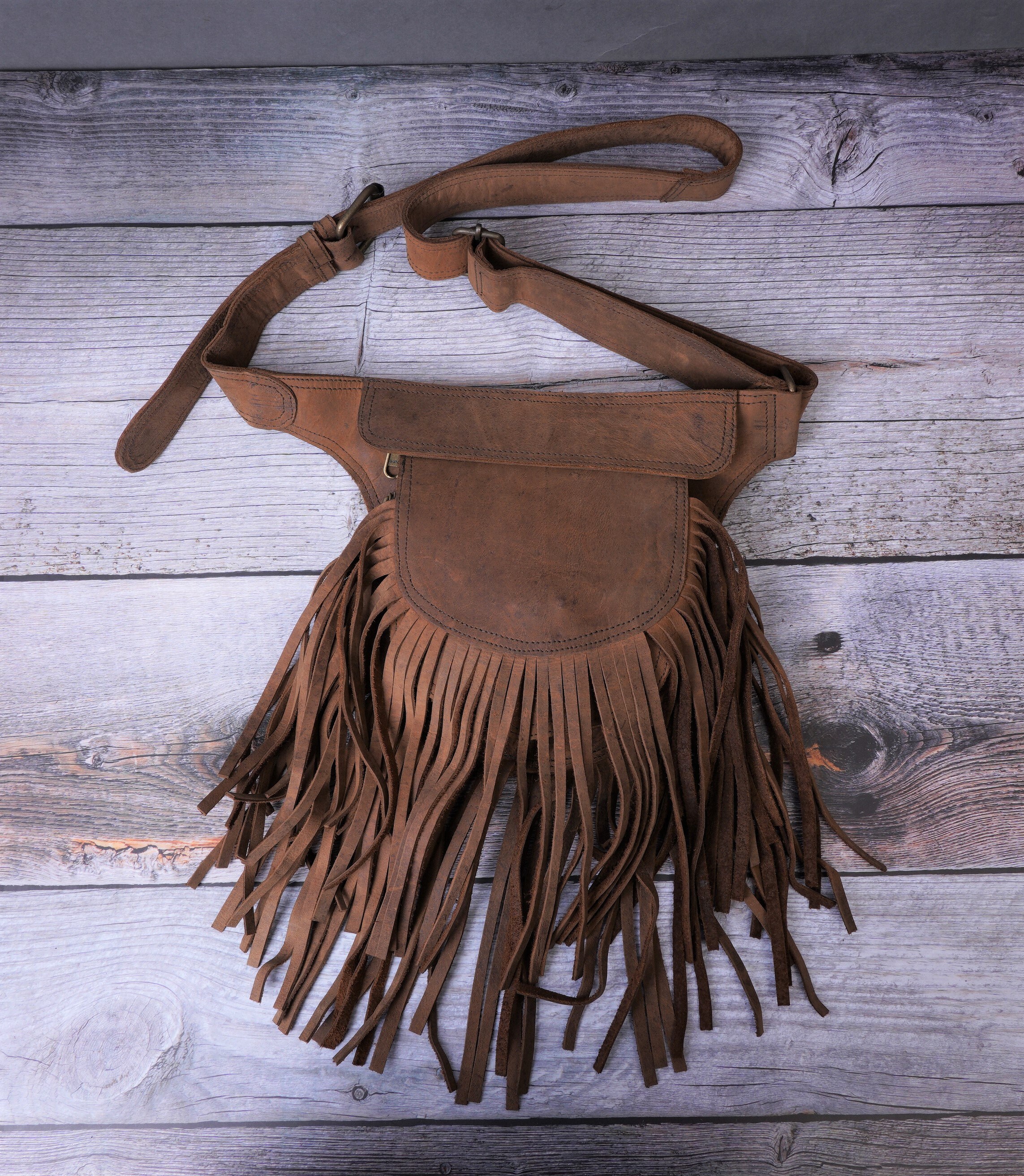 Handmade Brown Leather Frill Bag With Adjustable Belt - Etsy