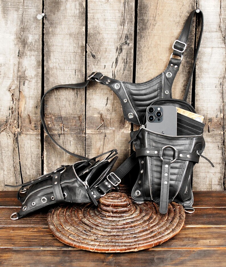 Handmade Black Leather Dual Holster Bag | Steampunk Utility Harness ...