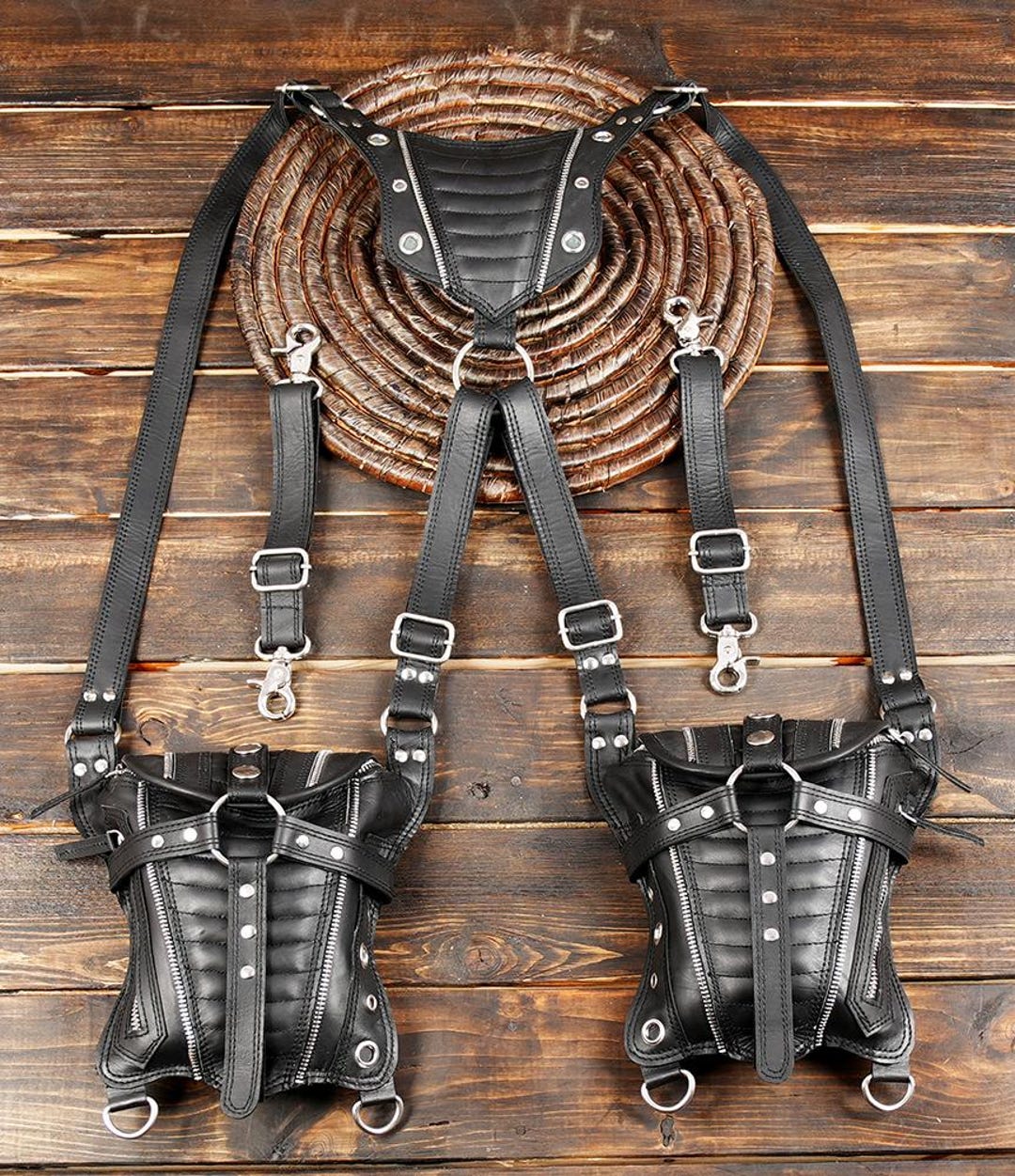 Handmade Black Leather Dual Holster Bag | Steampunk Utility Harness ...