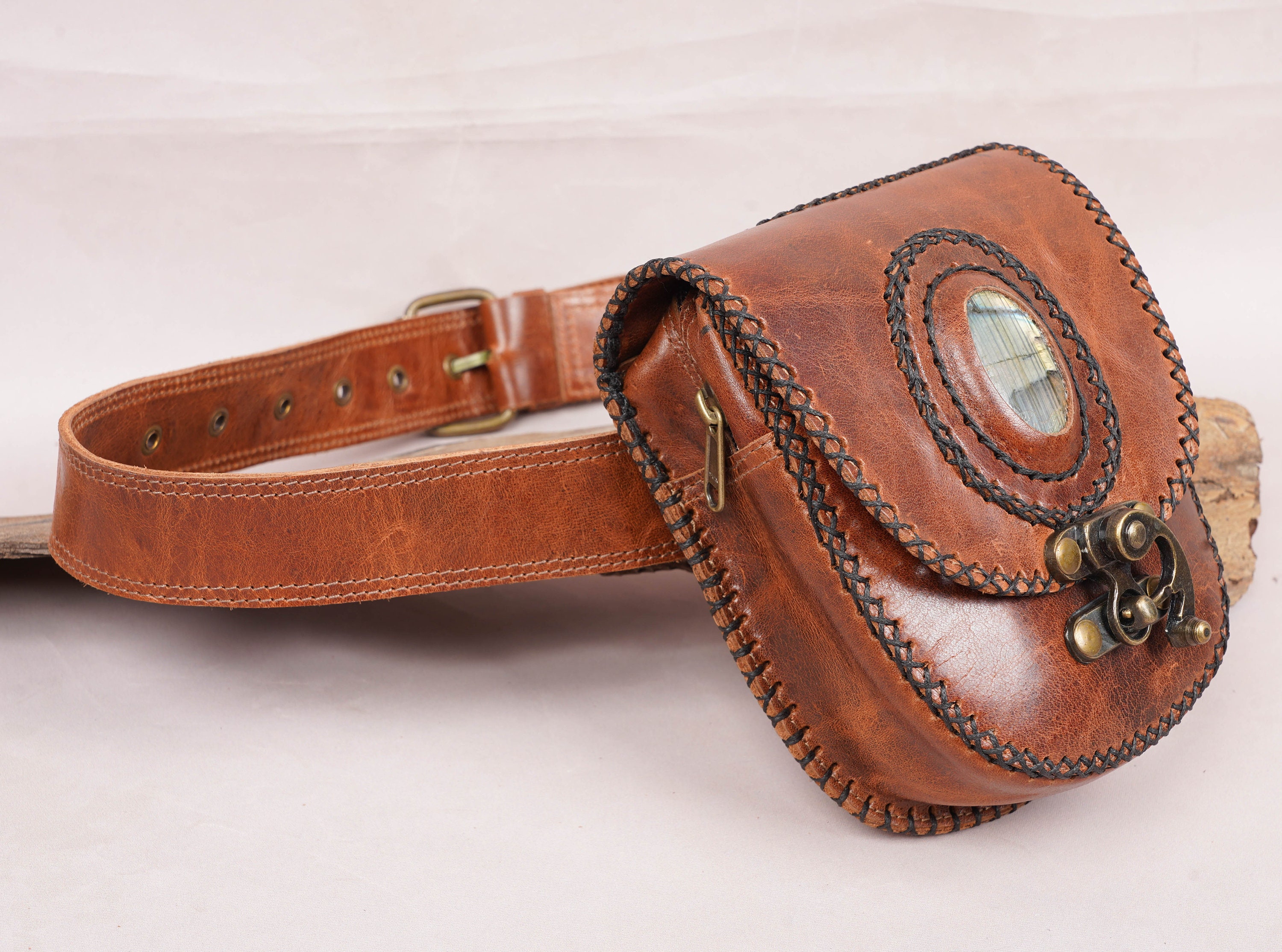 Handmade Brown Leather Utility Belt Pouch With Real Gemstone - Etsy