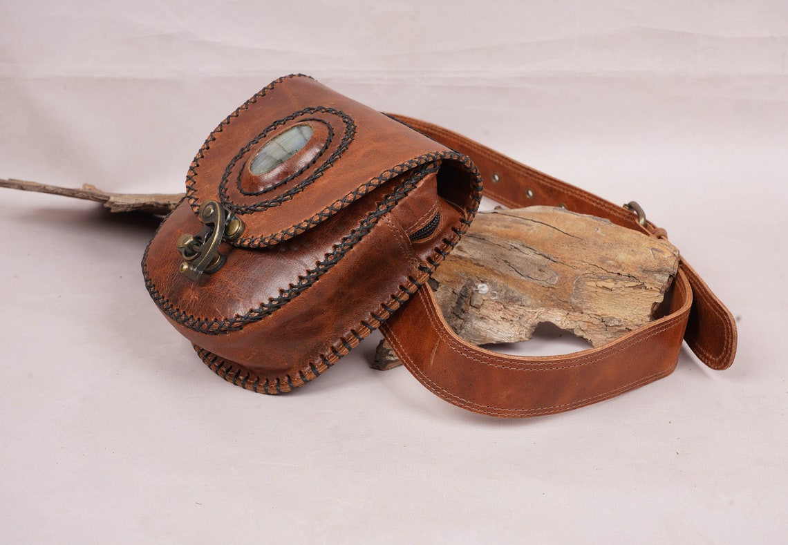 Handmade Brown Leather Utility Belt Pouch With Real Gemstone - Etsy