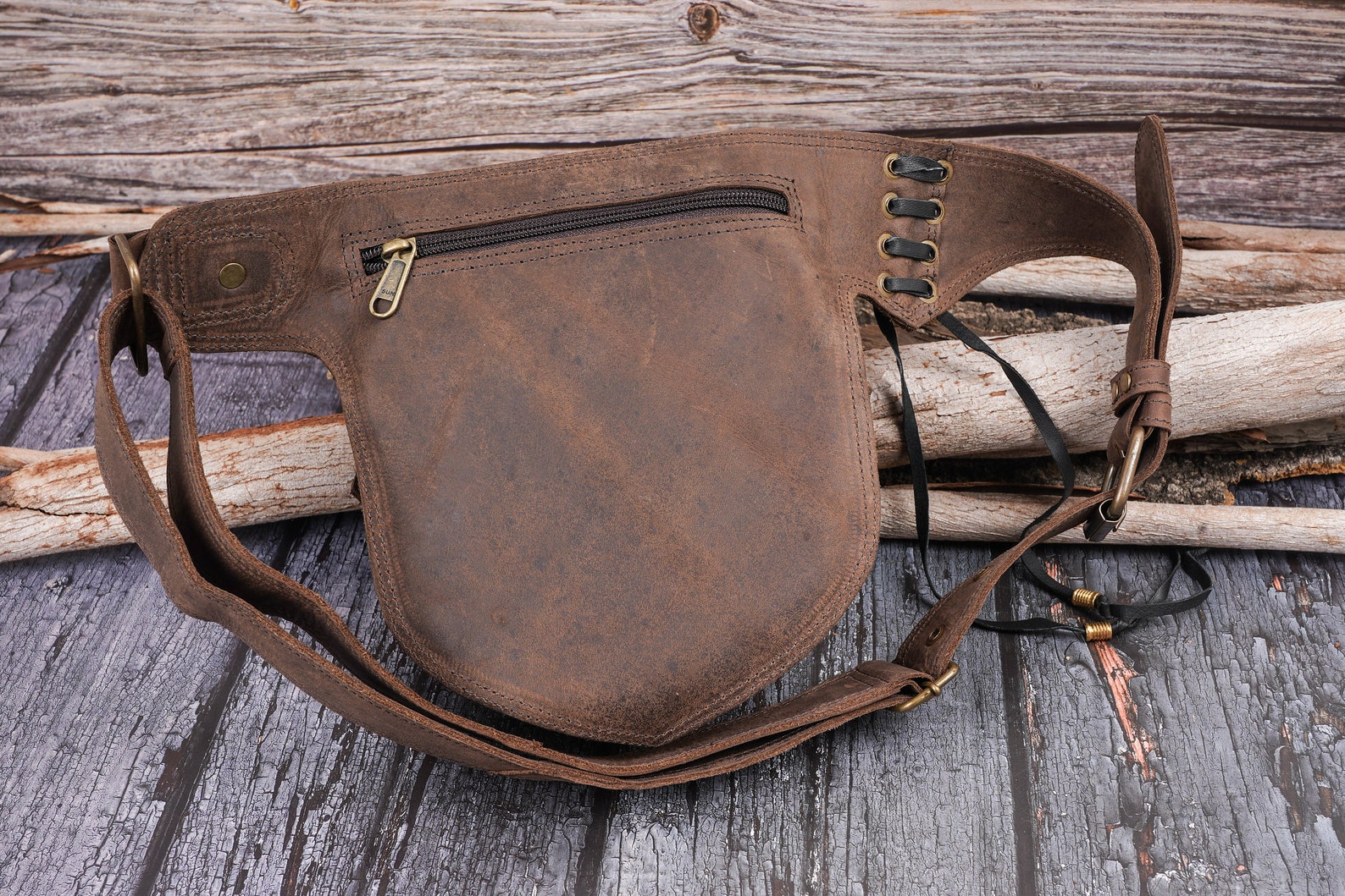Brown Leather Single Side Belt Pouch With Real Gems Stone - Etsy