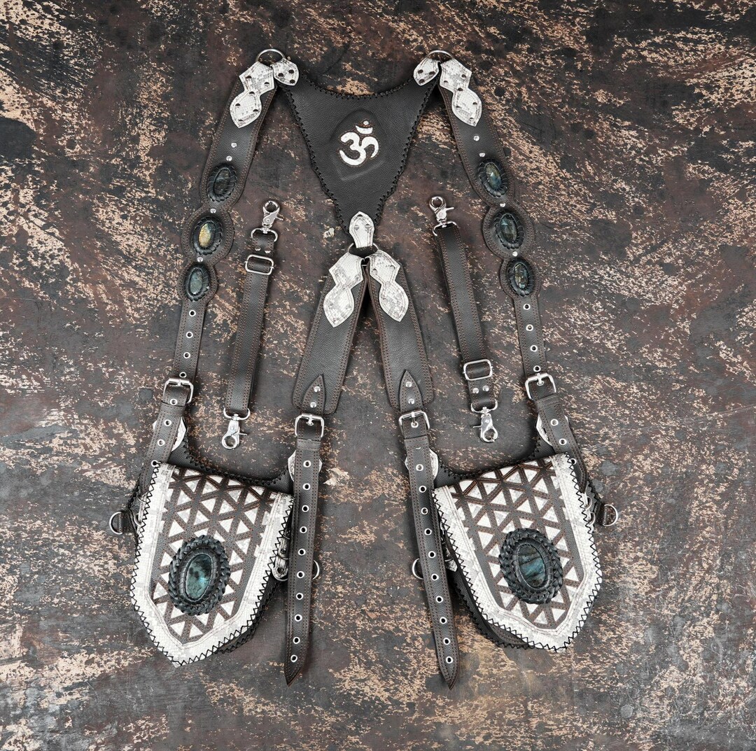Buy Handmade Leather Holster Belt With Labradorite Gemstone | Brown & White Om Symbol Harness ...