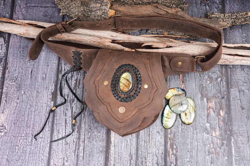 Brown Leather Single Side Belt Pouch With Real Gems Stone - Etsy