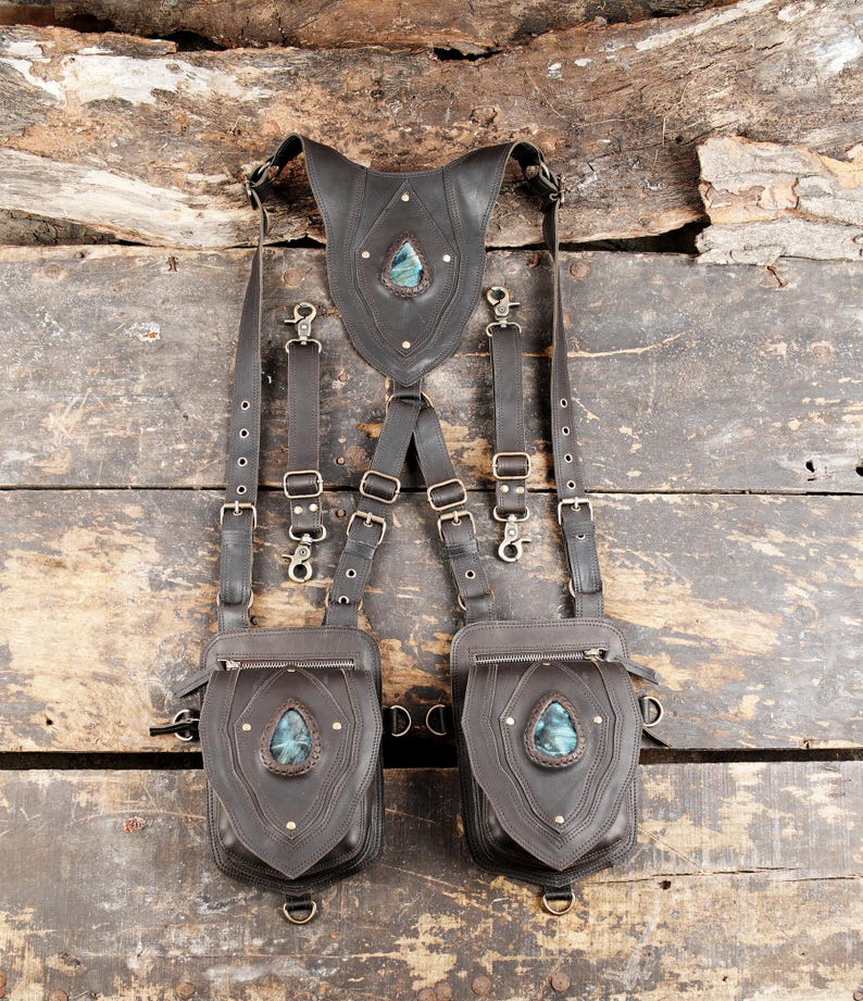 Black Leather Shoulder Holster With Labradorite Gemstone, Gothic Chest ...