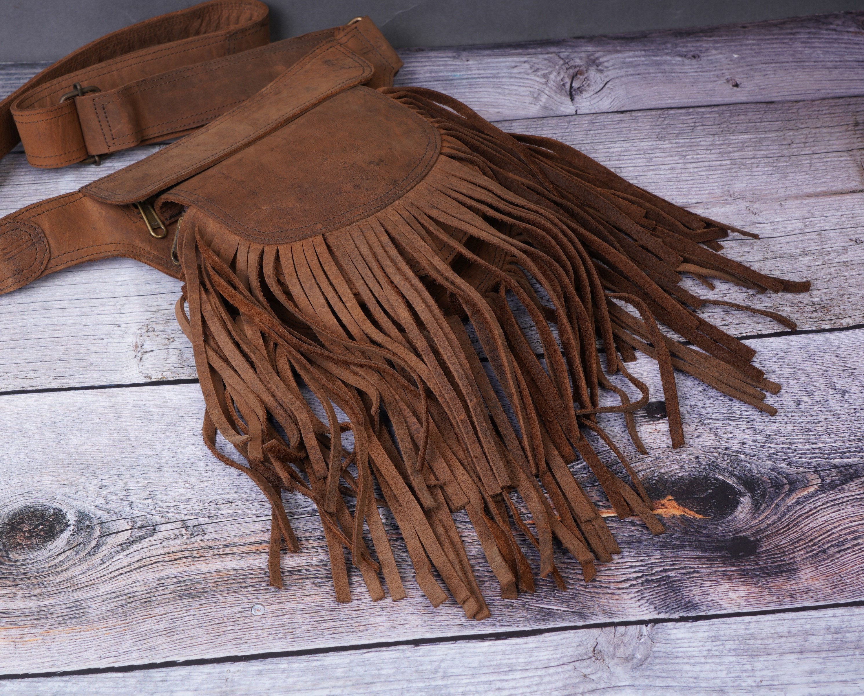 Handmade Brown Leather Frill Bag With Adjustable Belt - Etsy