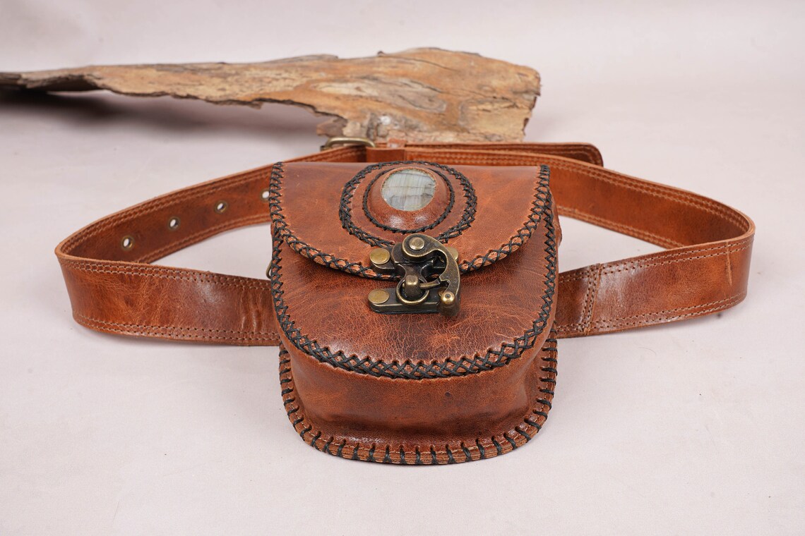 Handmade Brown Leather Utility Belt Pouch With Real Gemstone - Etsy