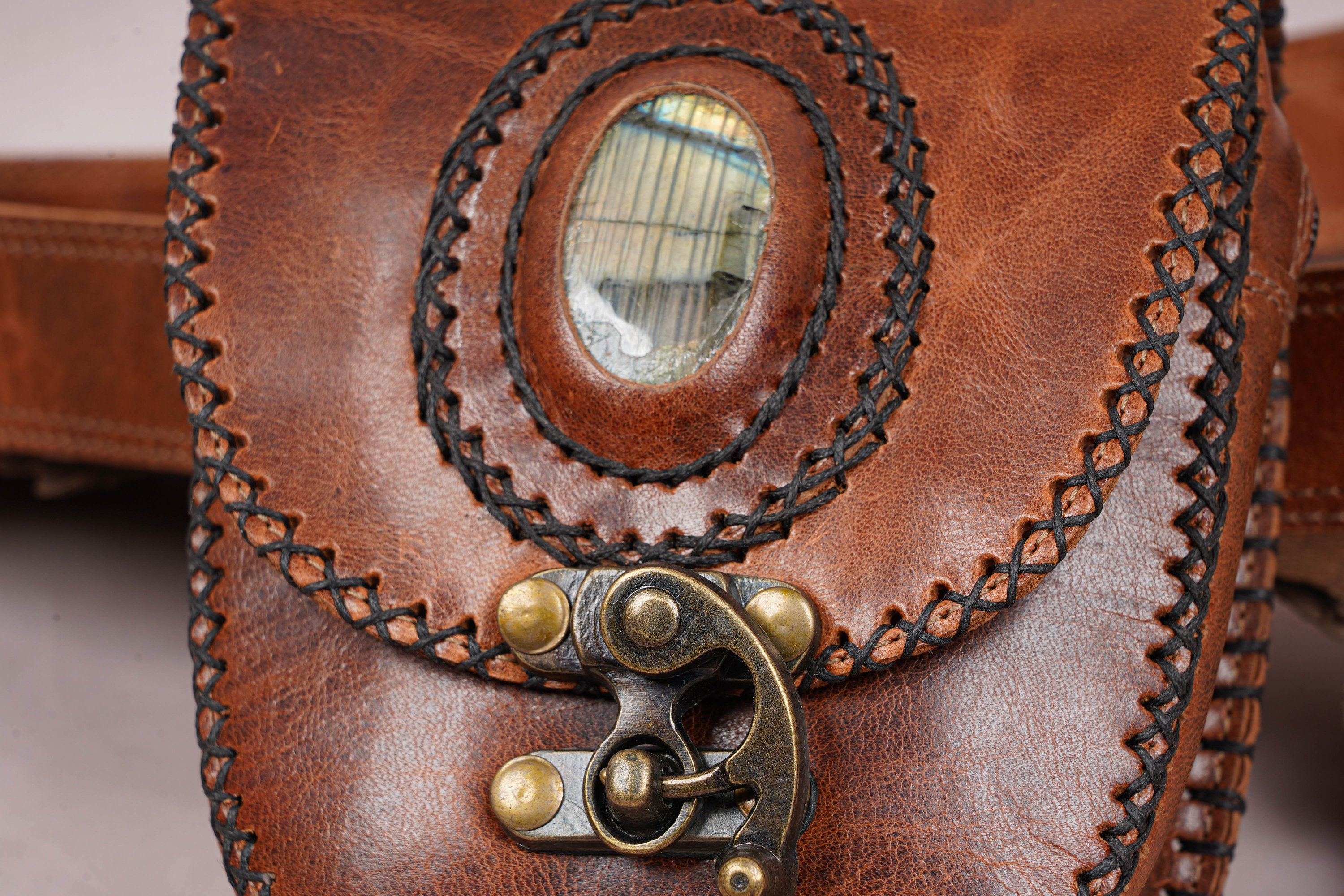 Handmade Brown Leather Utility Belt Pouch With Real Gemstone - Etsy