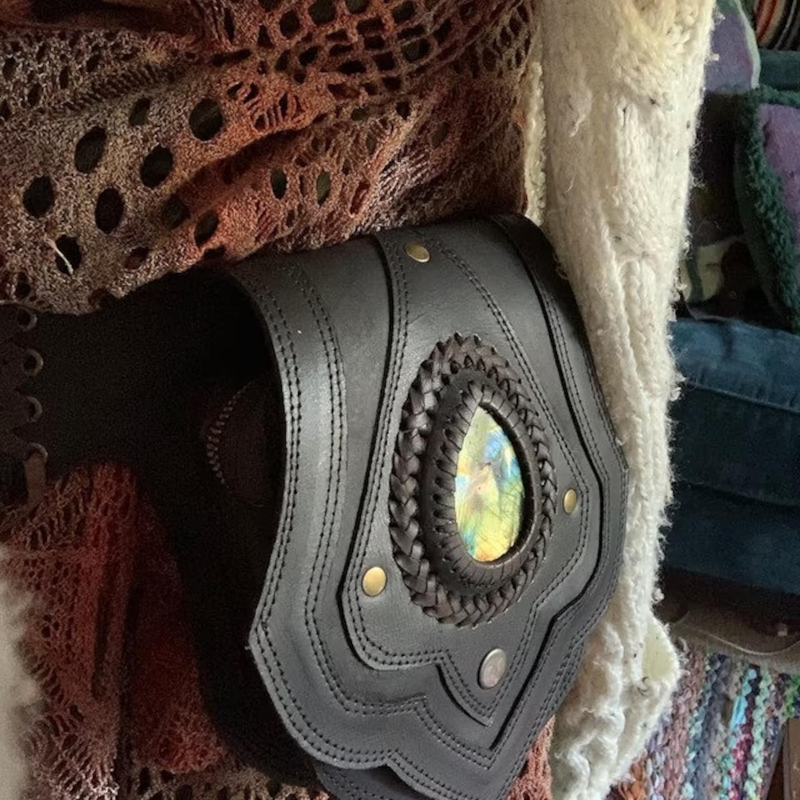 Brown Leather Single Side Belt Pouch With Real Gems Stone - Etsy