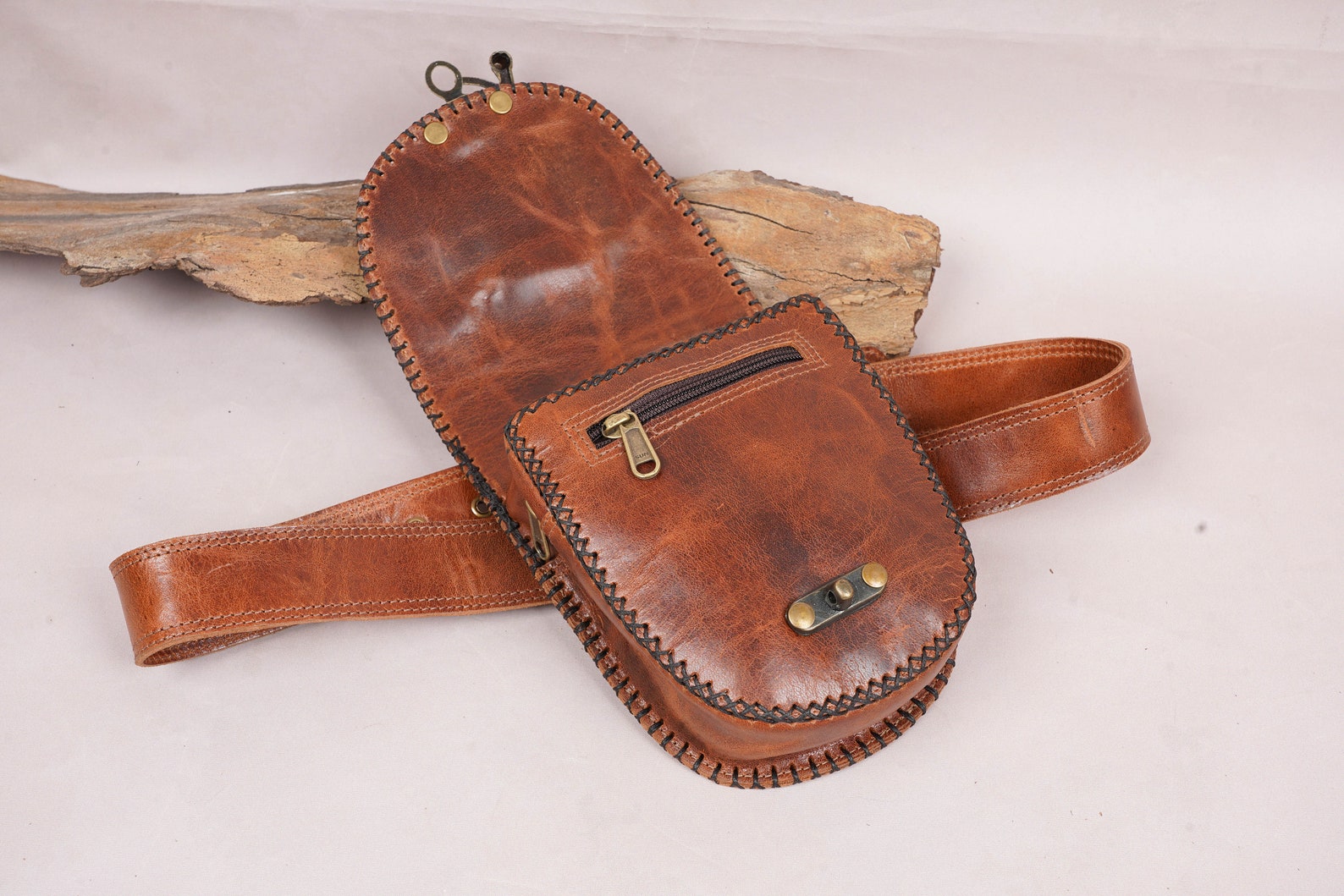 Handmade Brown Leather Utility Belt Pouch With Real Gemstone - Etsy
