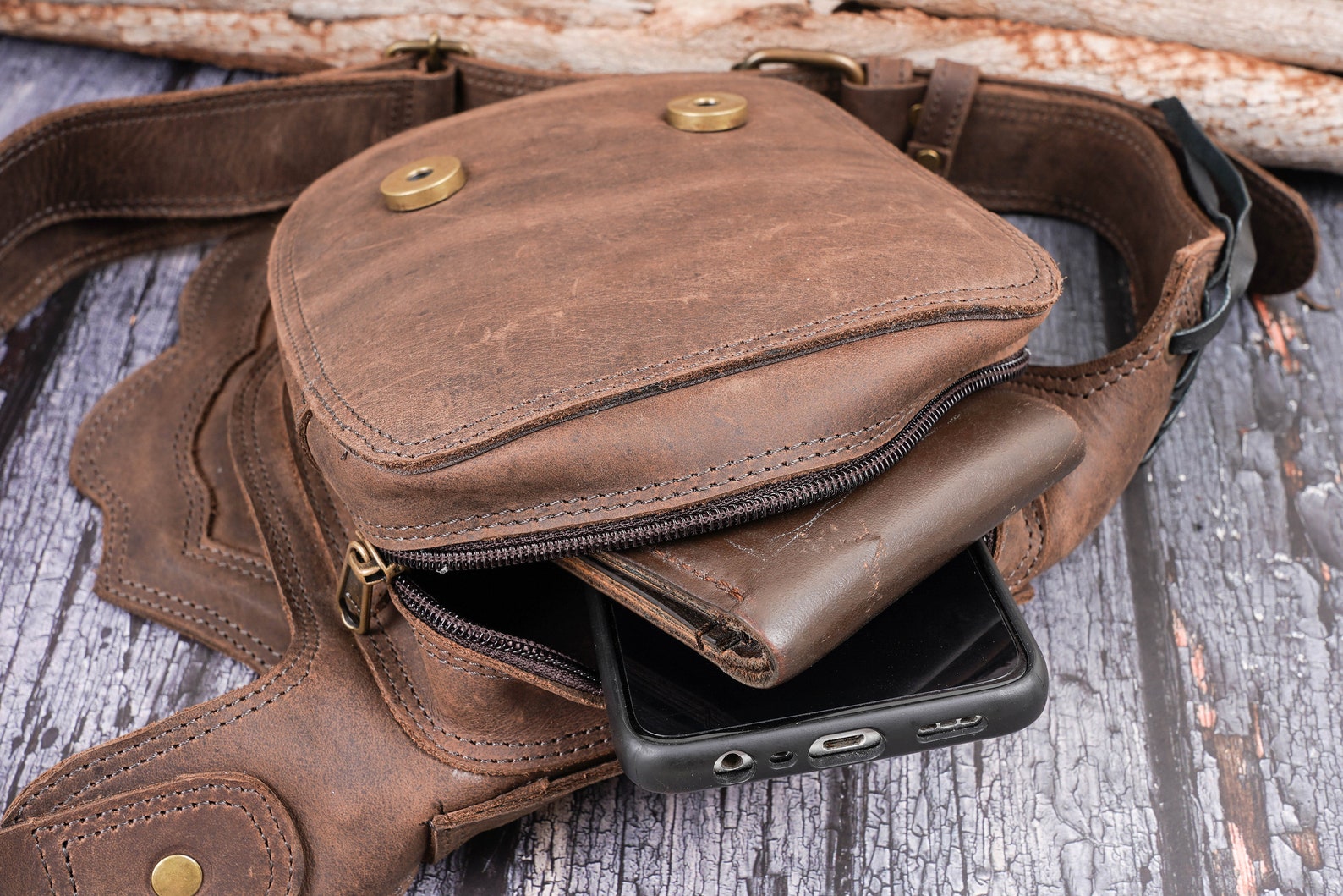 Brown Leather Single Side Belt Pouch With Real Gems Stone - Etsy