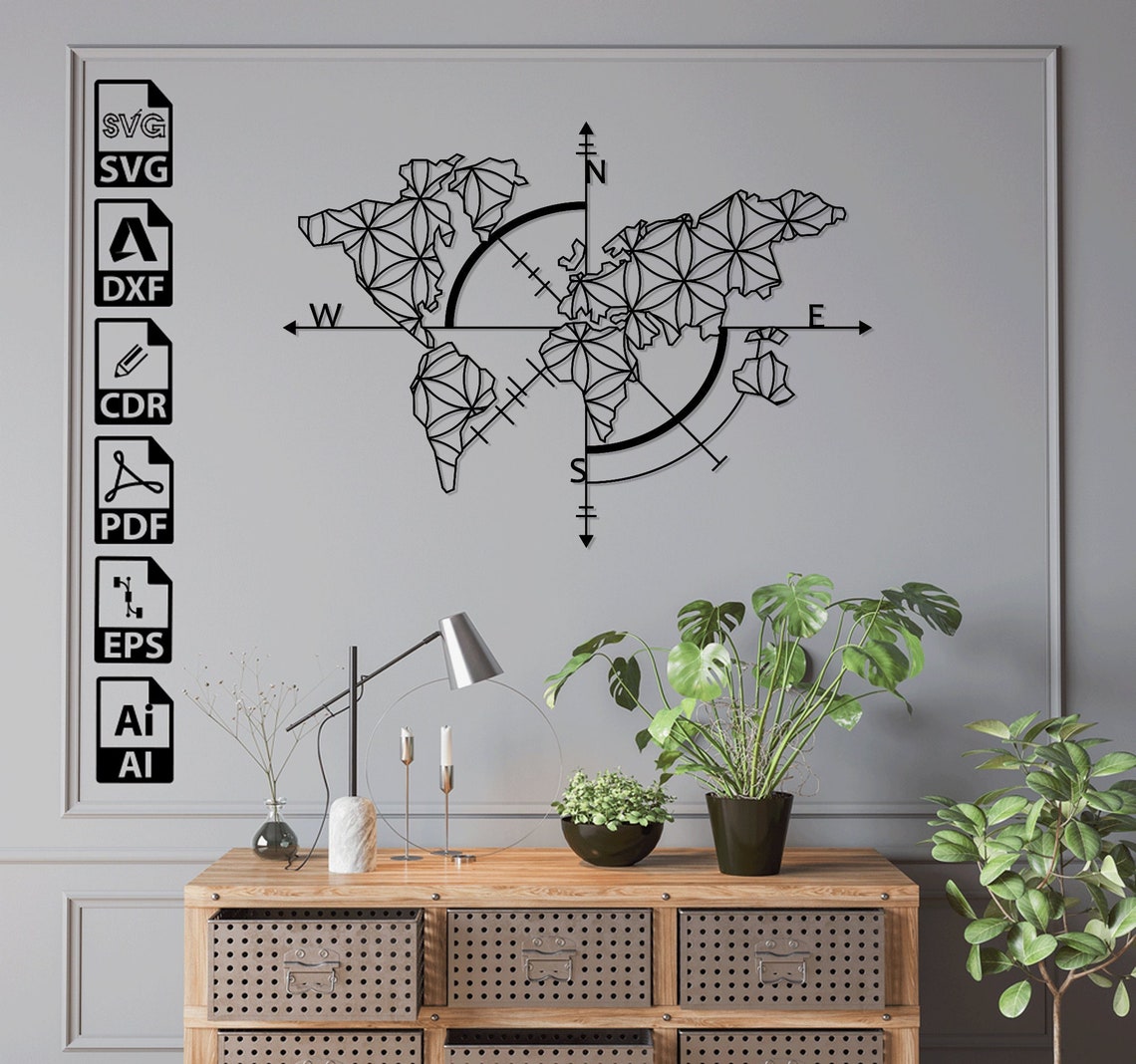 World Globe Dxf Mapa del mundo Svg Pdf Descarga digital Corte láser Cnc ...