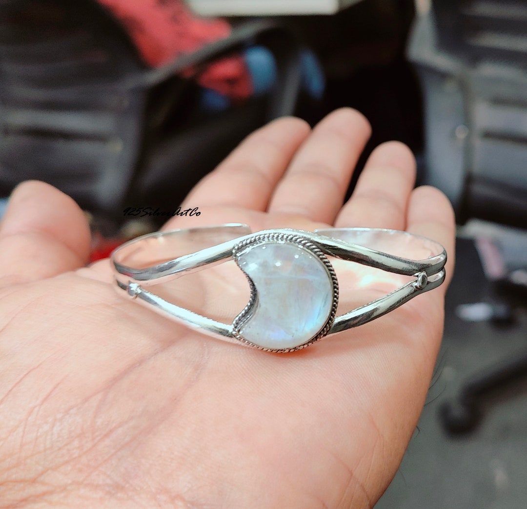 Crescent Moonstone Bangle: Twisted Wire 925 Sterling Silver, Adjustable ...