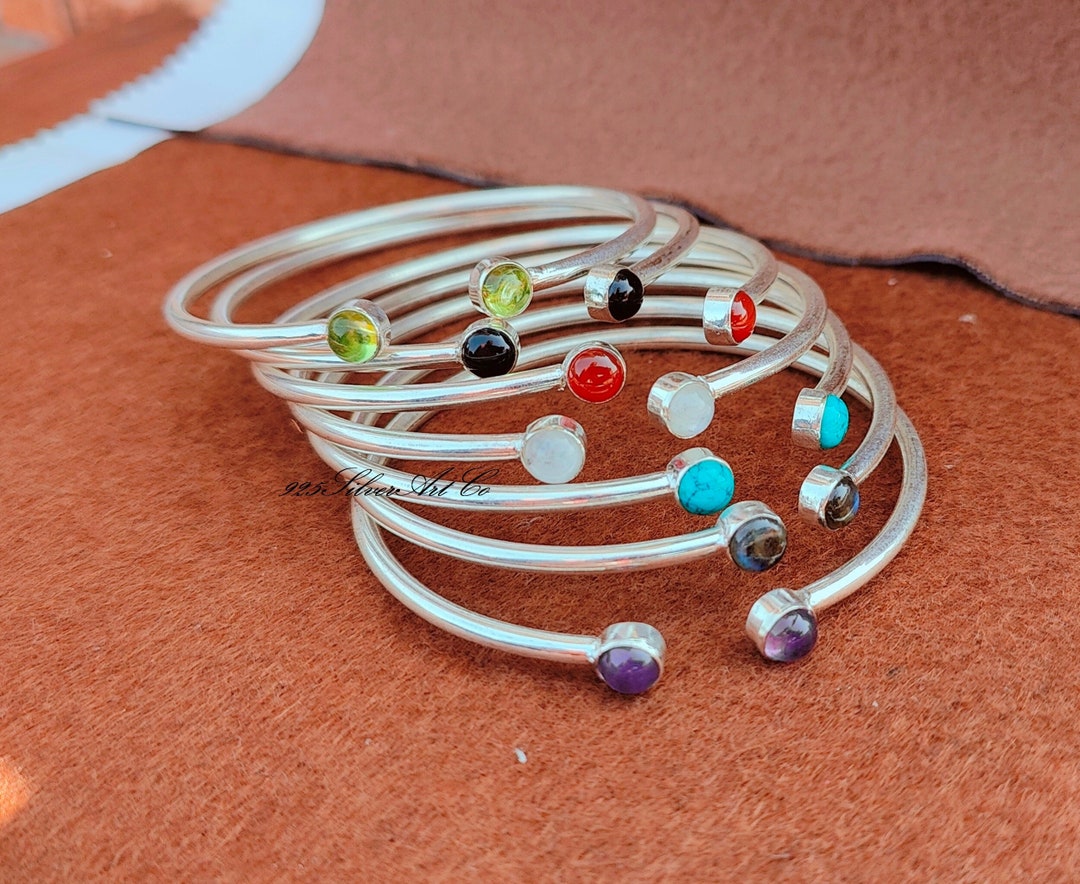 Multi Stone Sterling Silver Bangle Set: Boho Gemstone Jewelry - Etsy