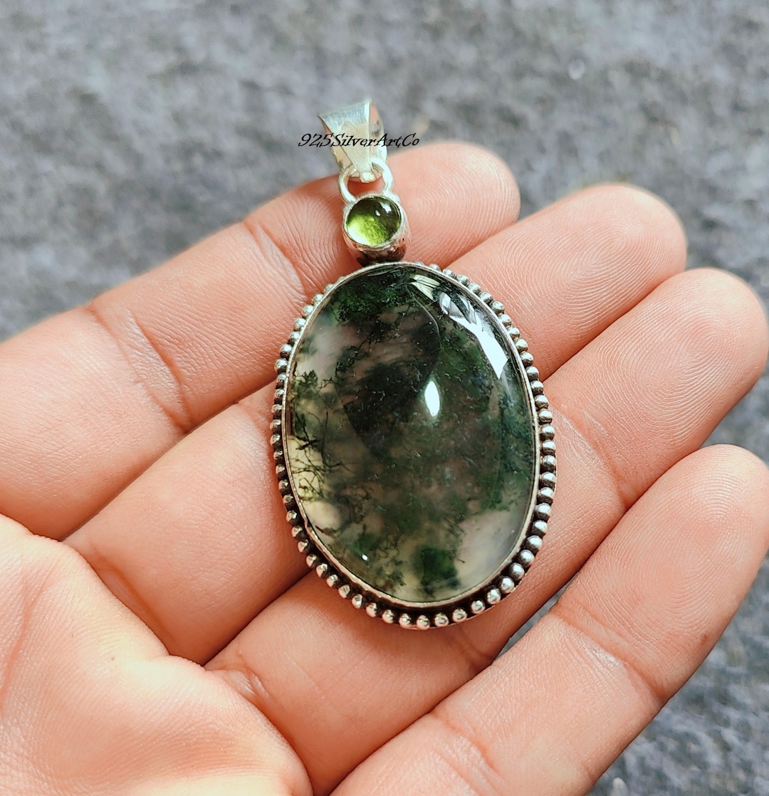 Moss Agate Pendant Necklace, Mexican Moss Agate Pendant, 925 Sterling ...