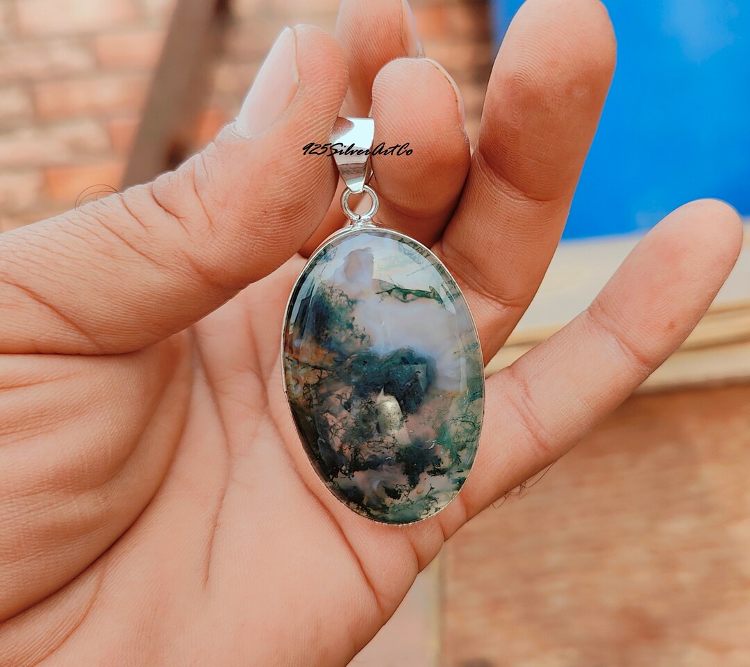 Moss Agate Pendant Necklace, Mexican Moss Agate Pendant, 925 Sterling ...