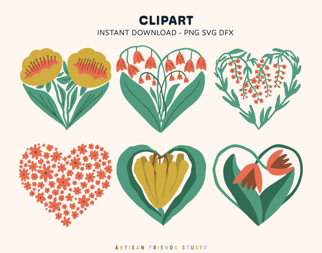 VALENTINES HEART FLOWER Clipart, Hand Drawn Flowers Shaped Like Hearts ...