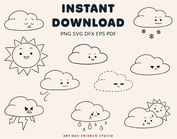 11 Pcs CUTE LINEART CLOUDS Clipart Happy Clouds Png Cute - Etsy