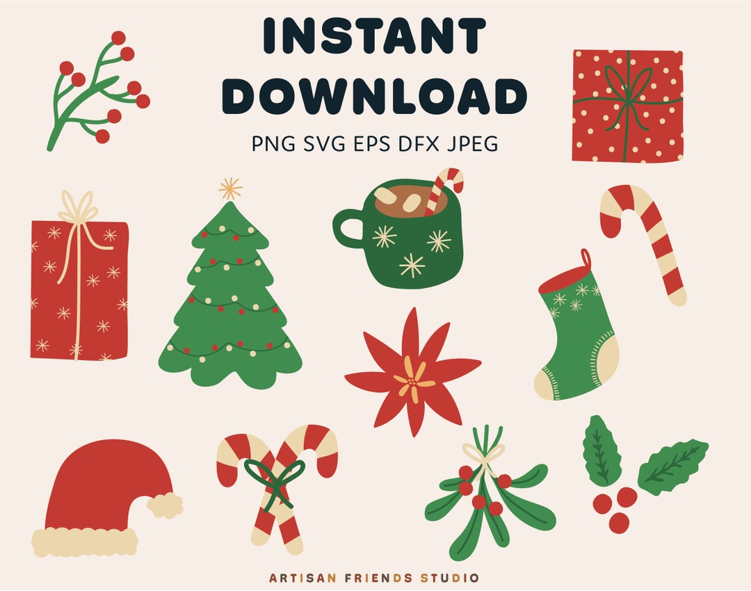 12 Pcs CUTE CHRISTMAS Clipart, Classic Christmas, Hand Drawn Holiday ...
