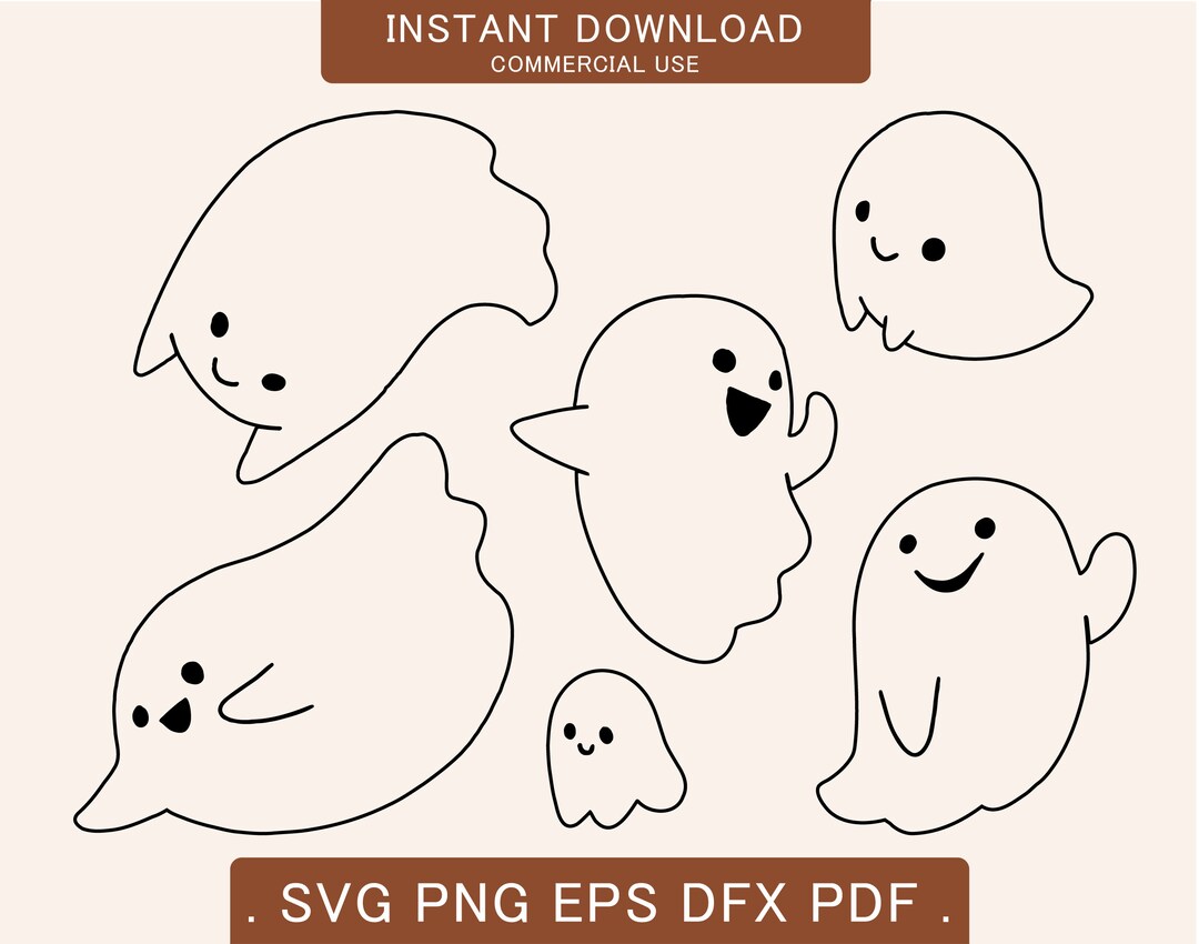 6 Pcs CUTE Lineart Ghost Clipart, Png Bundle, Halloween, Spooky Clipart ...