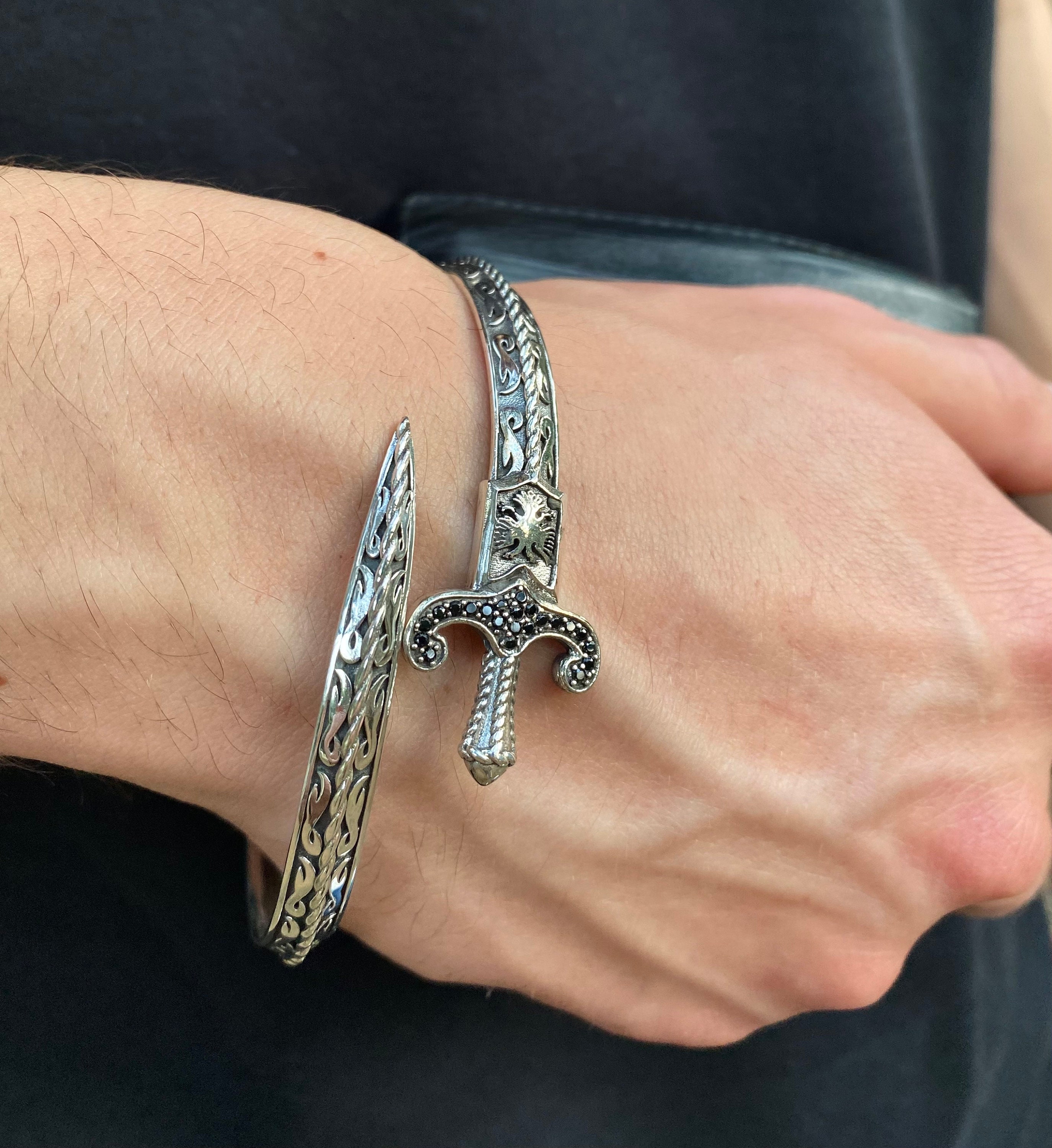 925 Sterling Silver Sword Bracelet: Adjustable Zircon Stone Men's ...