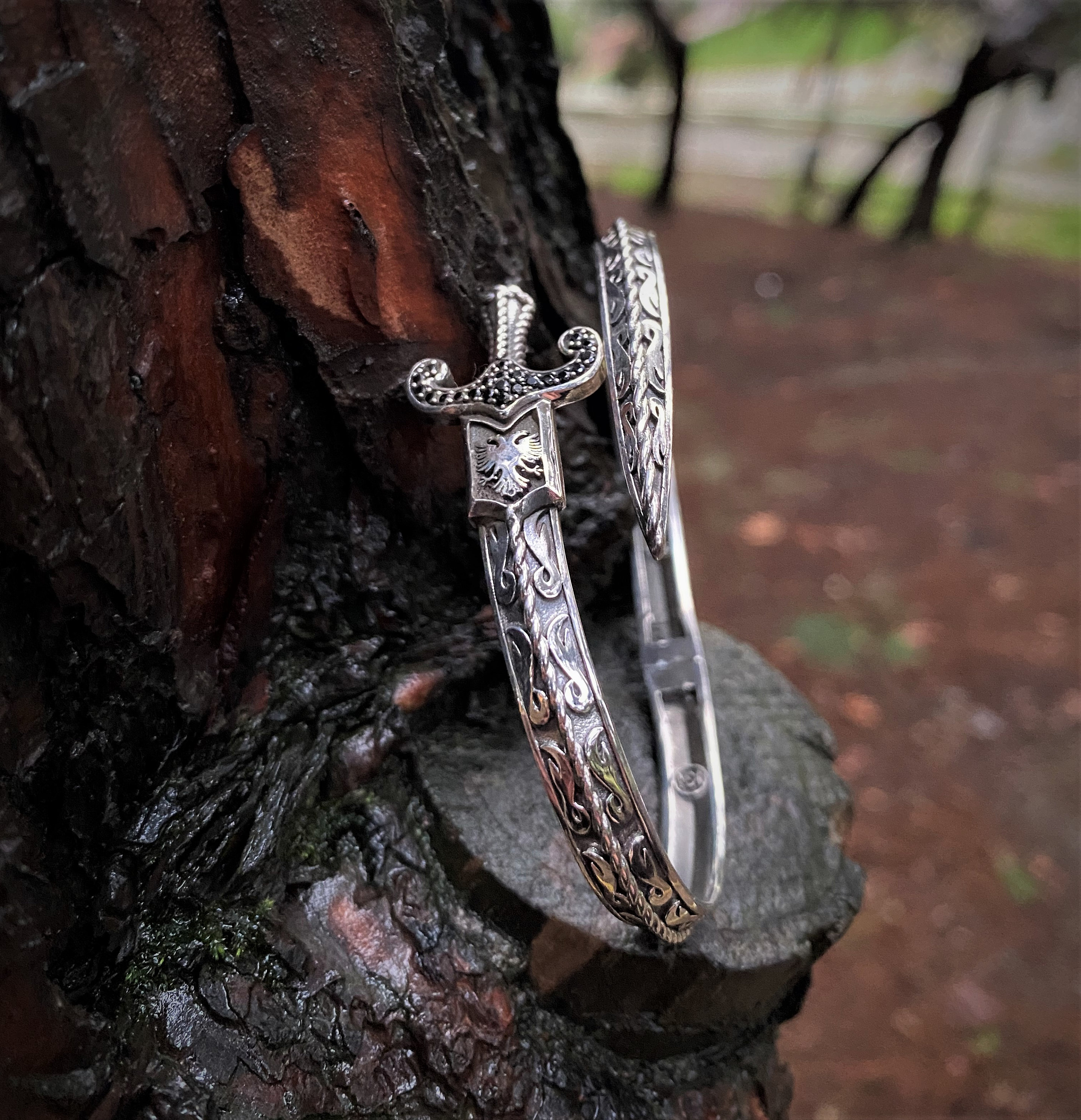 925 Sterling Silver Sword Bracelet: Adjustable Zircon Stone Men's ...