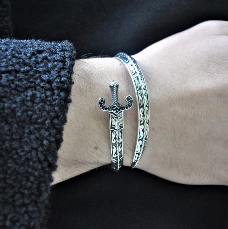 925 Sterling Silver Sword Bracelet: Adjustable Zircon Stone Men's ...