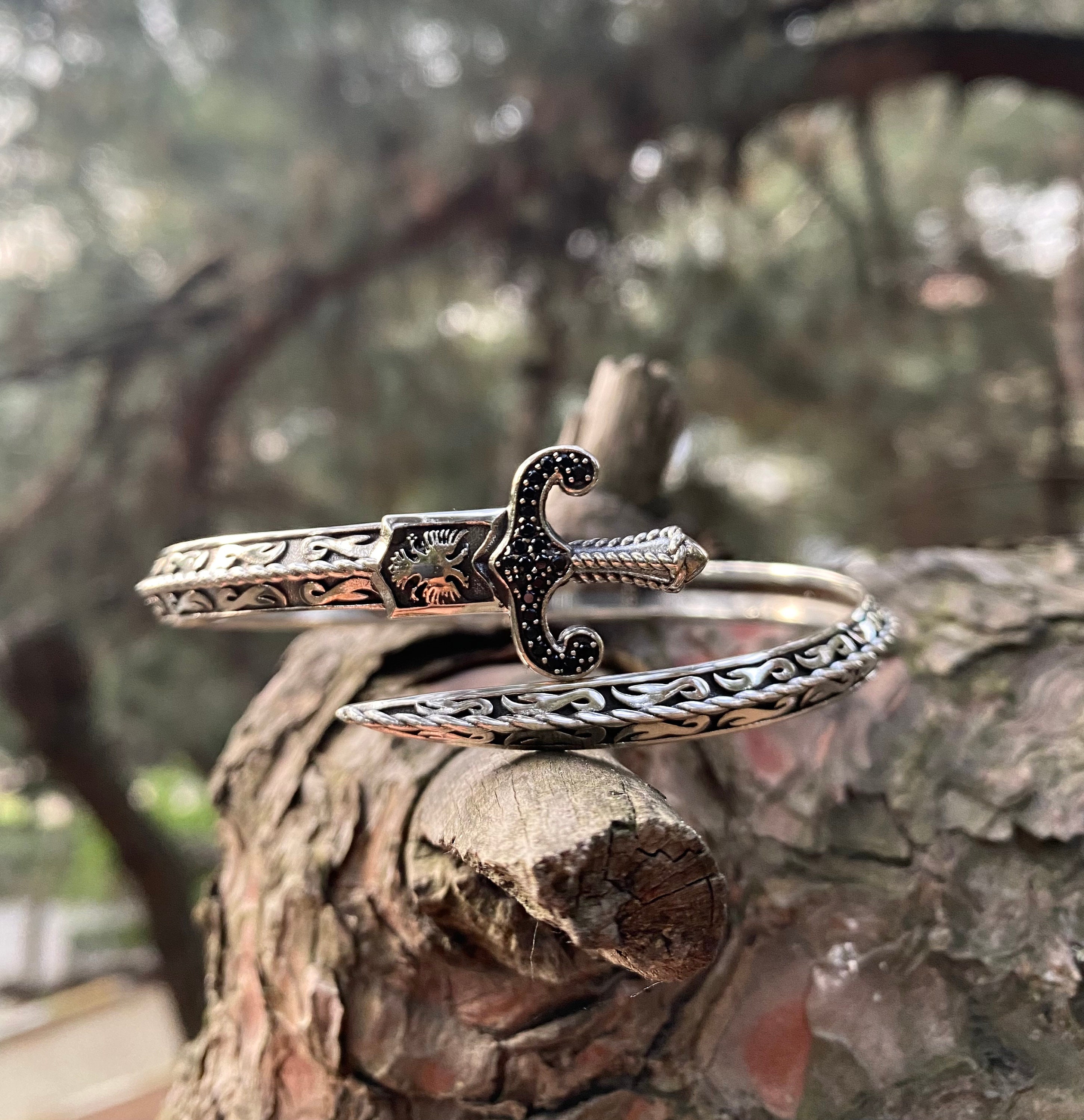 925 Sterling Silver Sword Bracelet: Adjustable Zircon Stone Men's ...