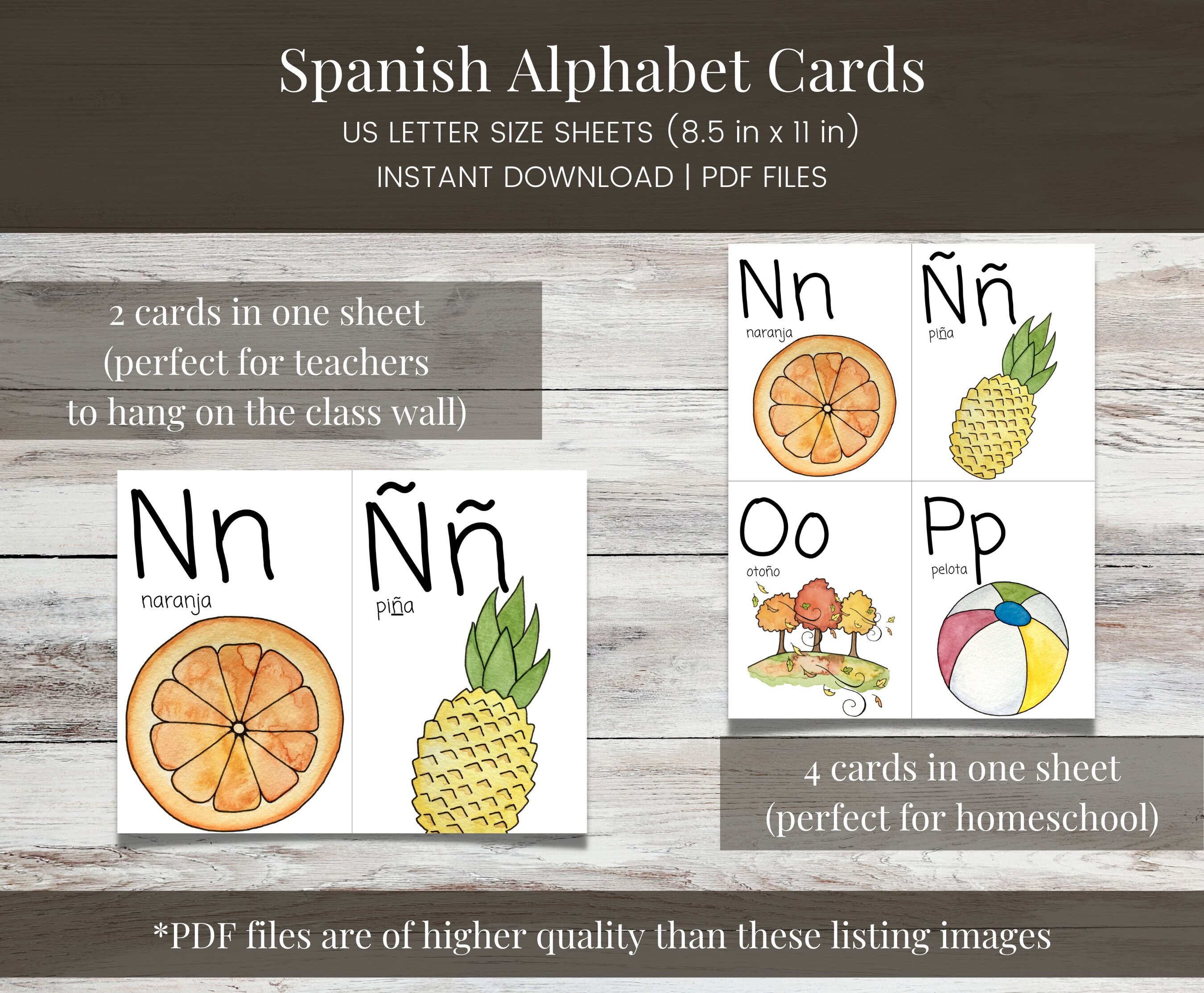 Spanish Alphabet Cards, Printable Flash Cards, US Letter, - Etsy