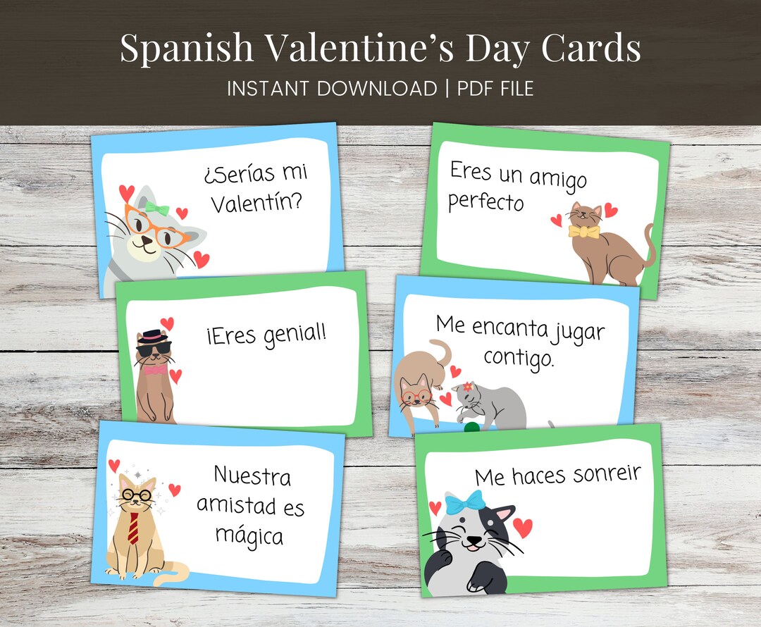 Spanish Cats Valentine Day Cards for Kids, Printable, US Letter Size - Etsy