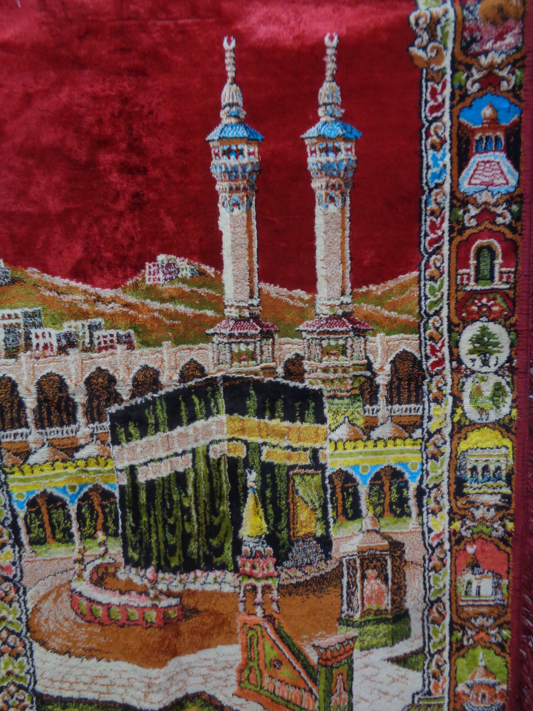 Red Islamic Wall Rug 5.9 X 3.4 Ft Al-aqsa Kaaba and An-nabawi Velvet ...
