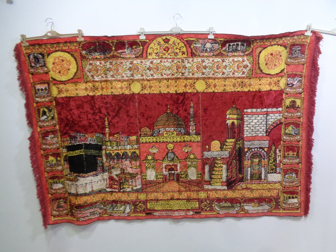 Red Islamic Wall Rug 5.7 X 3.9 Feet Al-aqsa Kaaba and An-nabawi Velvet ...