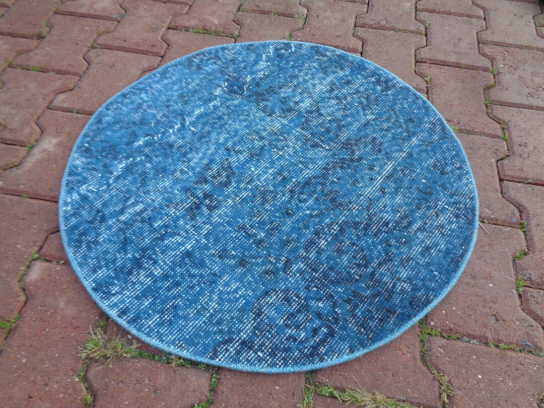 Small Blue Round Rug, Circle Bath Mat, Vintage Entrance Mat, Rustic ...