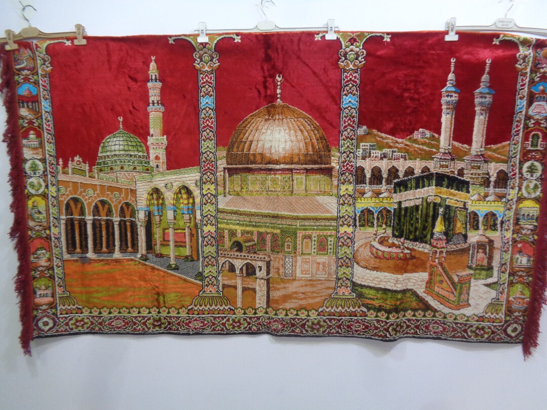 Red Islamic Wall Rug 5.9 X 3.4 Ft Al-aqsa Kaaba and An-nabawi Velvet ...